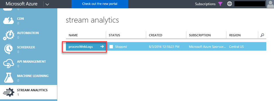 Azure: Azure Stream Analytics - Process Website Visits